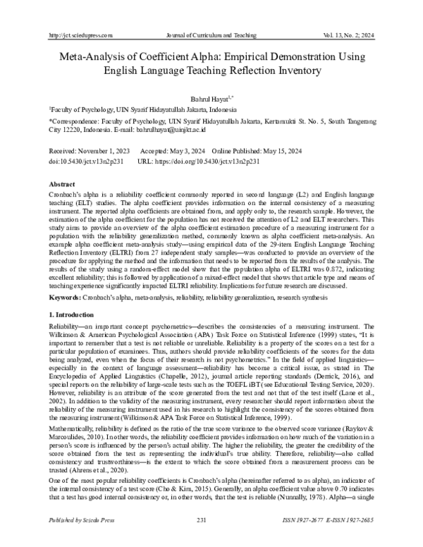 (PDF) Meta-Analysis of Coefficient Alpha: Empirical Demonstration Using ...
