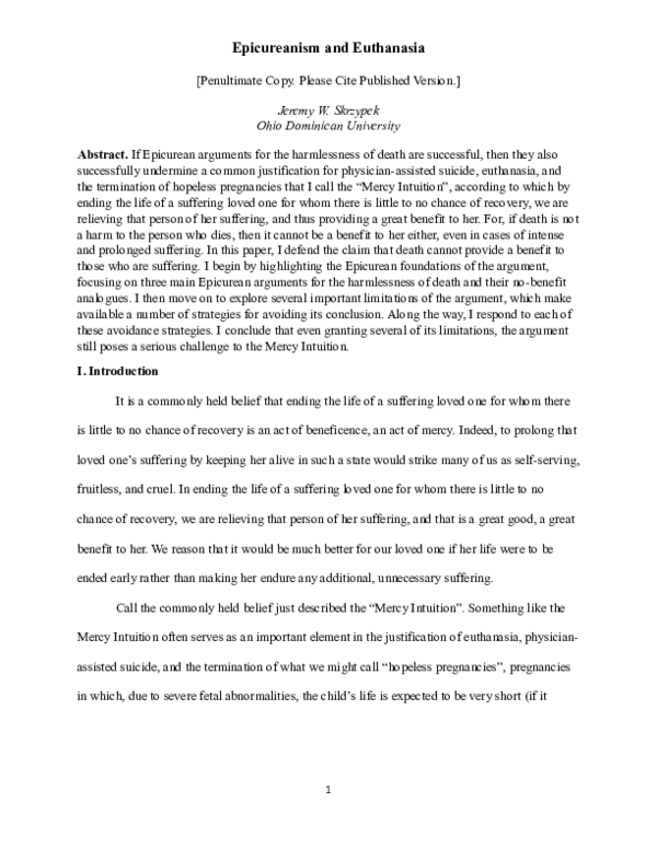 (PDF) "Epicureanism and Euthanasia"