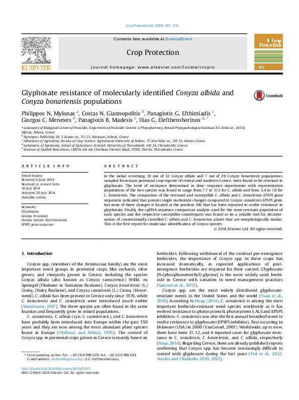 (PDF) Glyphosate resistance of molecularly identified Conyza albida and ...