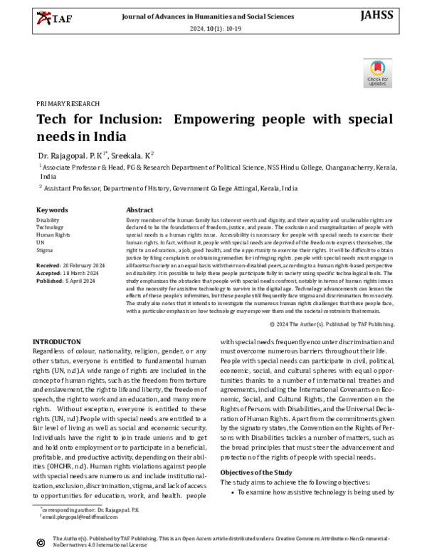 (PDF) Tech for Inclusion: Empowering people with special needs in India