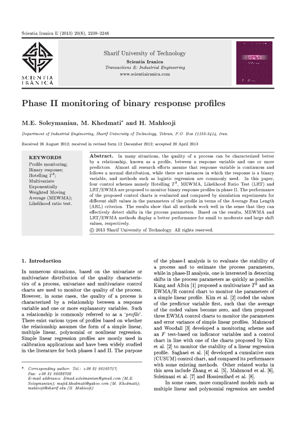 (PDF) Phase II monitoring of binary response profiles (PDF) Phase II monitoring of binary response profiles