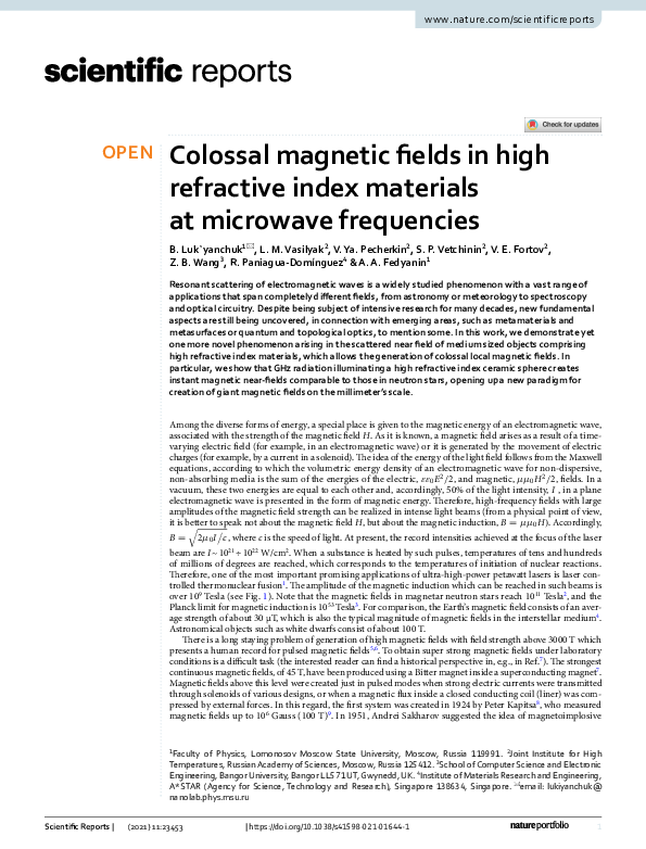 (PDF) Colossal magnetic fields in high refractive index materials at microwave frequencies