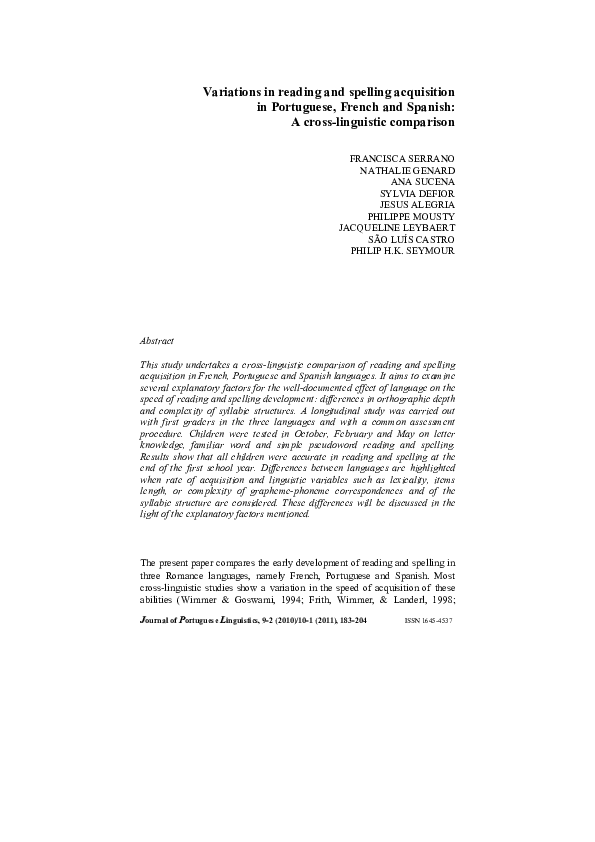 (PDF) Variations in reading and spelling acquisition in Portuguese, French and Spanish: A cross ...