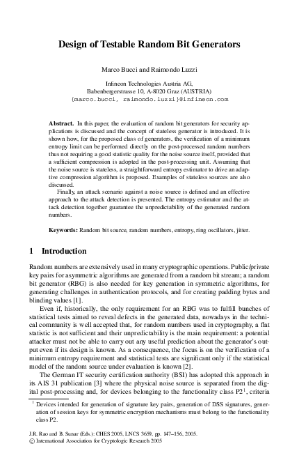 (PDF) Design of Testable Random Bit Generators
