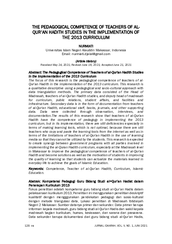 (PDF) The Pedagogical Competence of Teachers of Al-Qur’An Hadith Studies in the Implementation ...