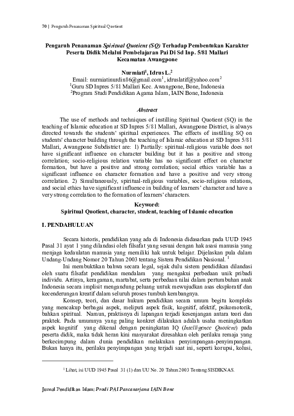 (PDF) Pengaruh Penanaman Spiritual Quotient (SQ) Terhadap Pembentukan Karakter Peserta Didik ...