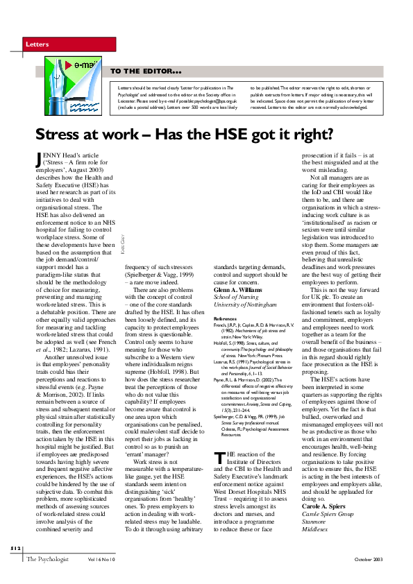 (PDF) Stress at work: has the HSE got it right?