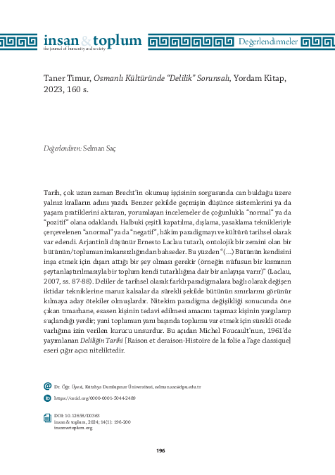 (PDF) Taner Timur, Osmanlı Kültüründe “Delilik” Sorunsalı, Yordam Kitap ...