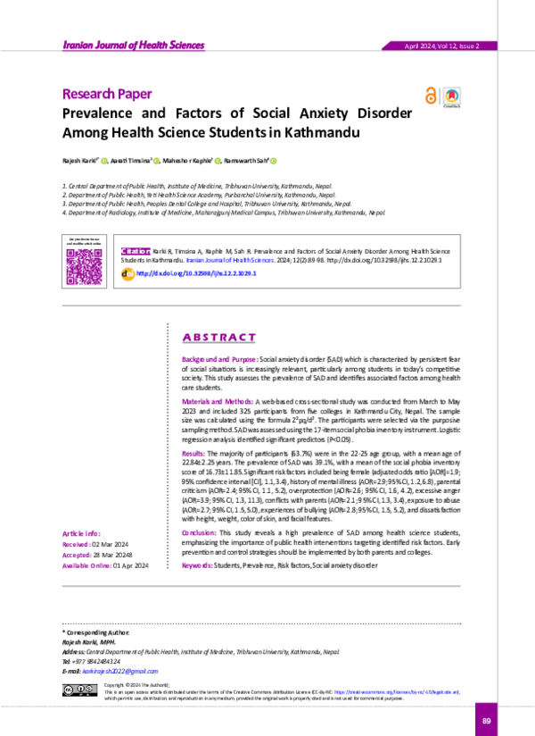 (PDF) Prevalence and Factors of Social Anxiety Disorder Among Health ...