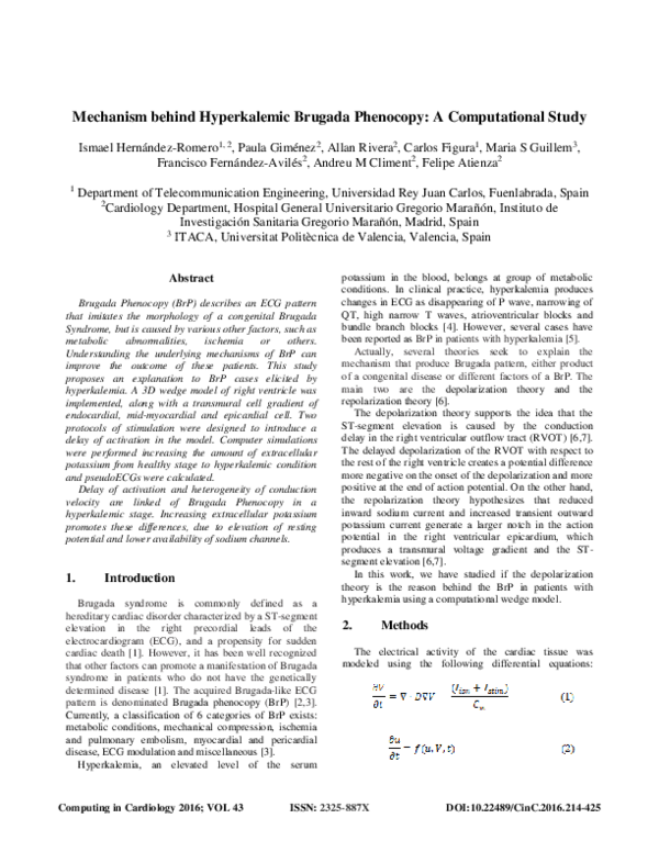 (PDF) Mechanism behind Hyperkalemic Brugada Phenocopy: A Computational ...