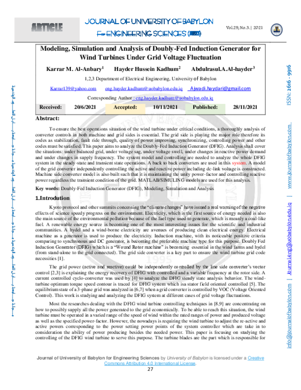 Pdf Modeling Simulation And Analysis Of Doubly Fed Induction Generator For Wind Turbines