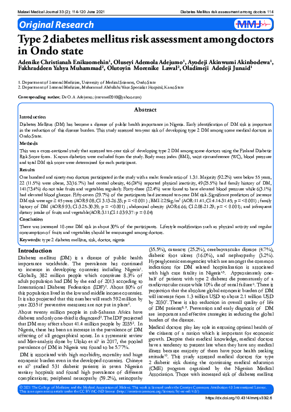 (PDF) DM Risk Assessment Among Ondo State Doctors