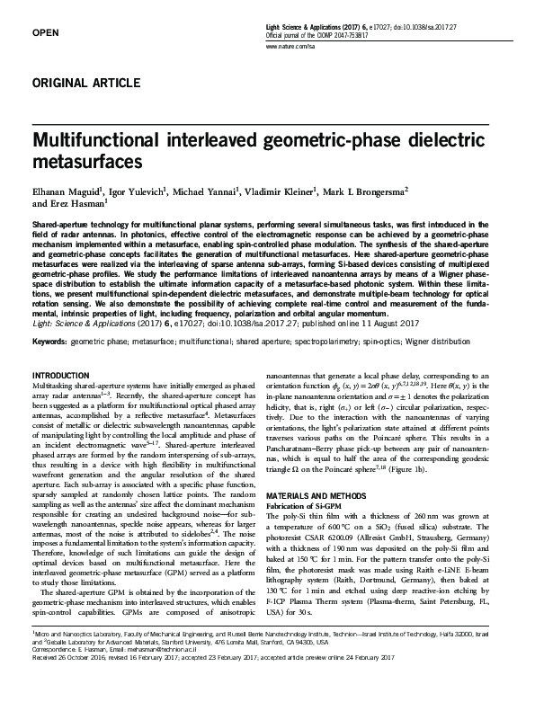(PDF) Multifunctional interleaved geometric-phase dielectric metasurfaces
