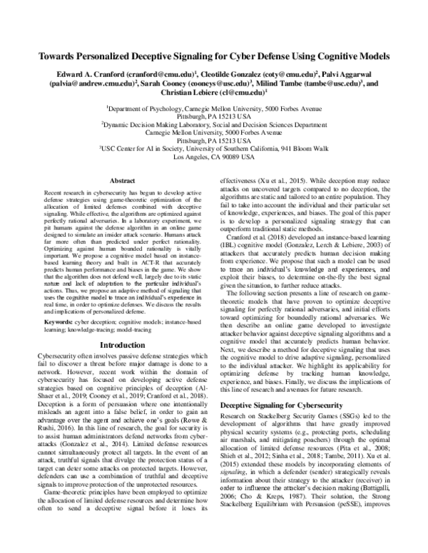 (PDF) Toward Personalized Deceptive Signaling for Cyber Defense Using Cognitive Models