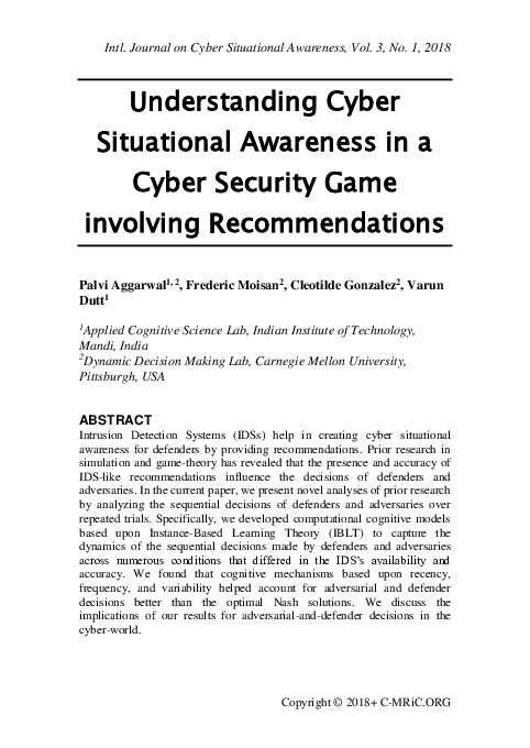 (PDF) Understanding Cyber Situational Awareness in a Cyber Security Game involving