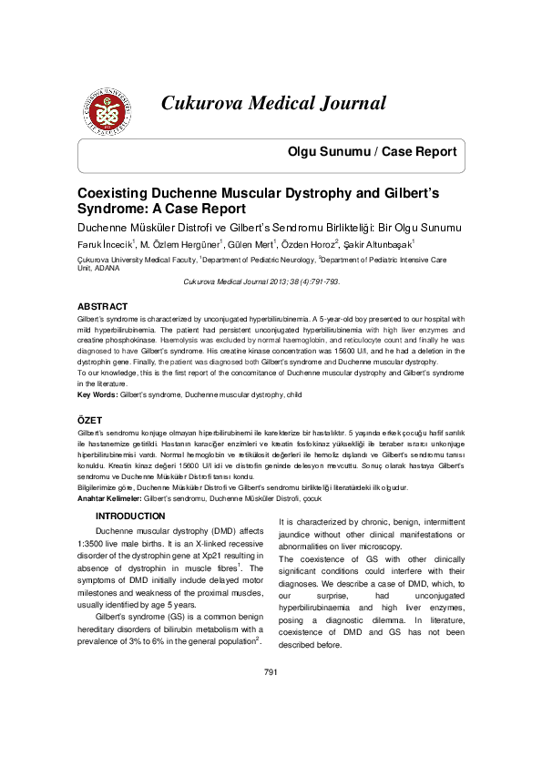 (PDF) Duchenne Müsküler Distrofi ve Gilbert"s Sendromu Birlikteliği ...