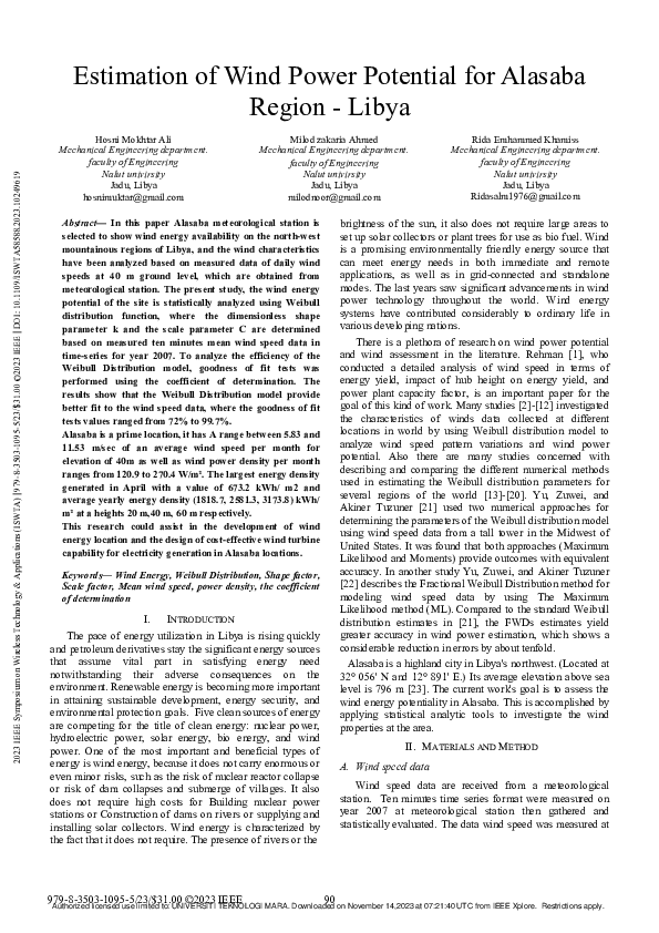 (PDF) Estimation of Wind Power Potential for Alasaba Region -Libya