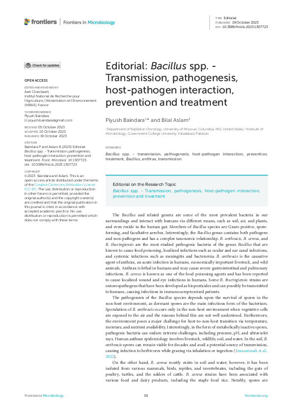 (PDF) Editorial: Bacillus spp. - Transmission, pathogenesis, host ...