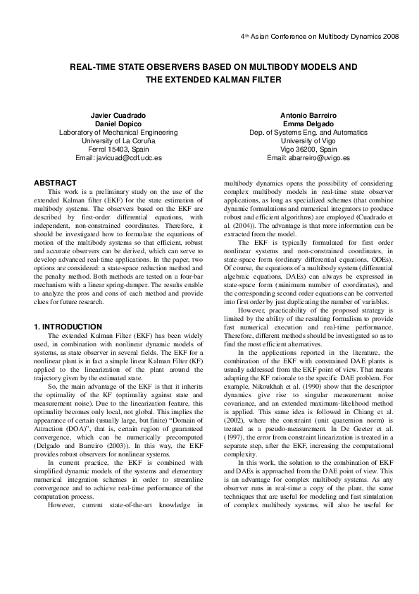 Pdf Real Time State Observers Based On Multibody Models And The Extended Kalman Filter
