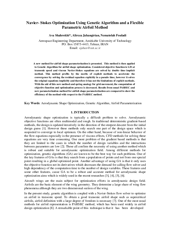 (PDF) Navier-Stokes Optimization Using Genetic Algorithm and a Flexible Parametric Airfoil Method