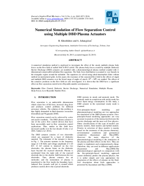 (PDF) Numerical Simulation of Flow Separation Control using Multiple DBD Plasma Actuators