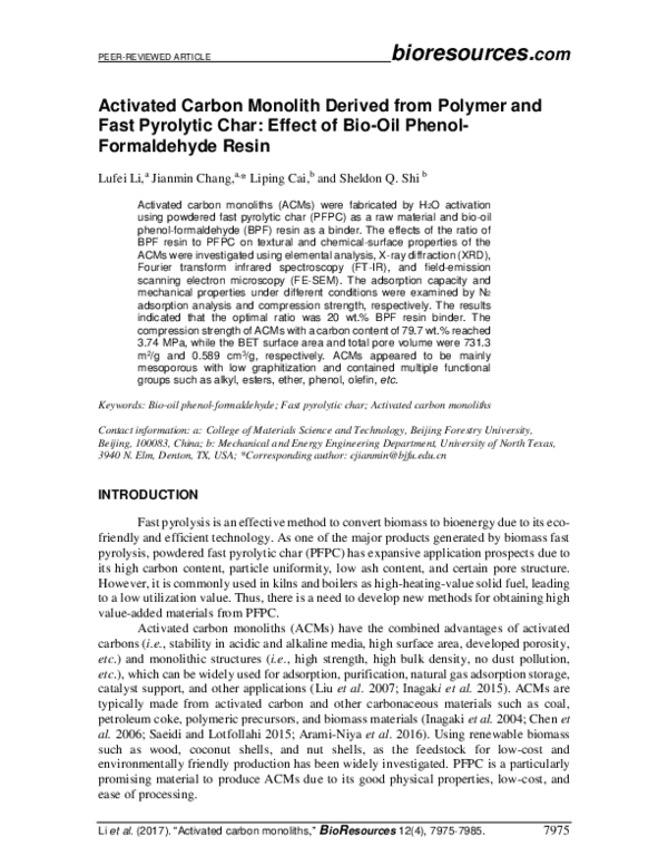(PDF) Activated carbon monolith derived from polymer and fast pyrolytic ...