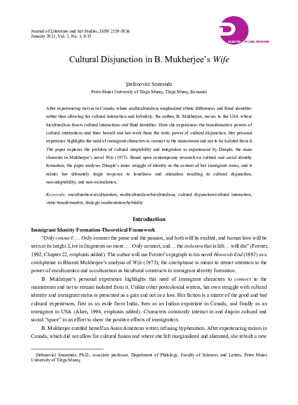 (PDF) Cultural Disjunction in B. Mukherjee’s Wife