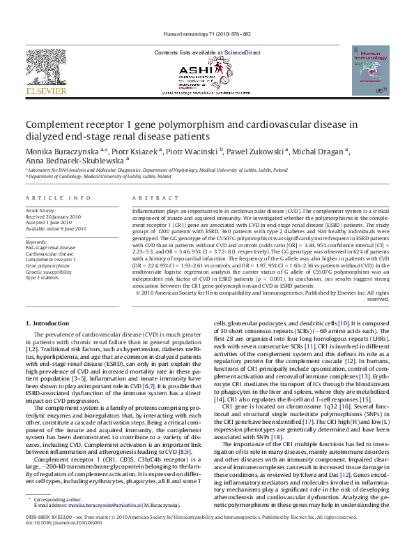 (PDF) Complement receptor 1 gene polymorphism and cardiovascular ...
