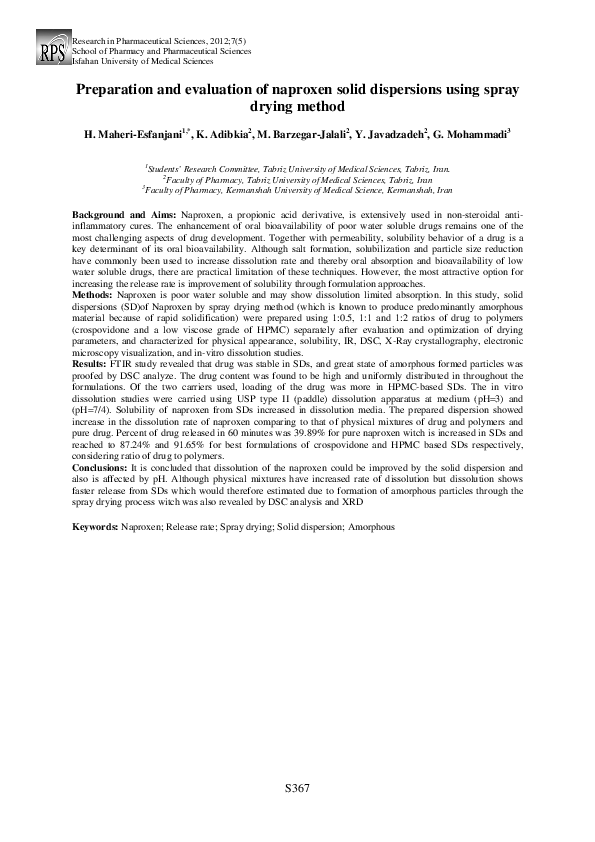 Pdf Preparation And Evaluation Of Naproxen Solid Dispersions Using Spray Drying Method