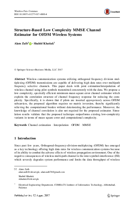 (PDF) Structure-Based Low Complexity MMSE Channel Estimator for OFDM Wireless Systems