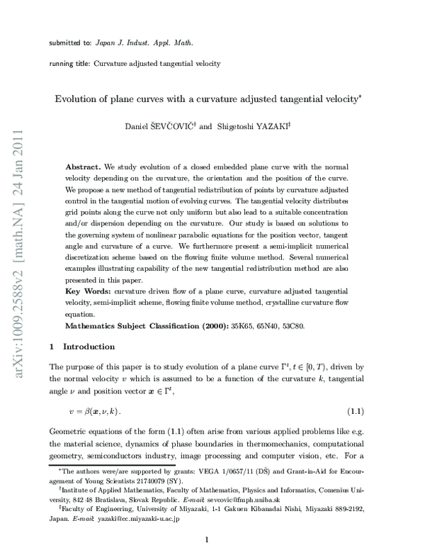 (PDF) Evolution of plane curves with a curvature adjusted tangential velocity
