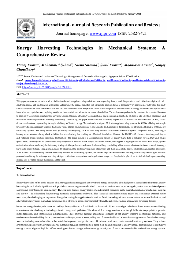 (PDF) Energy Harvesting Technologies in Mechanical Systems: A Comprehensive Review