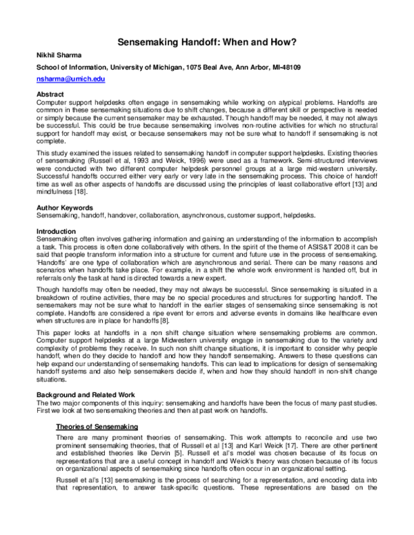 (PDF) Sensemaking handoff: When and how?