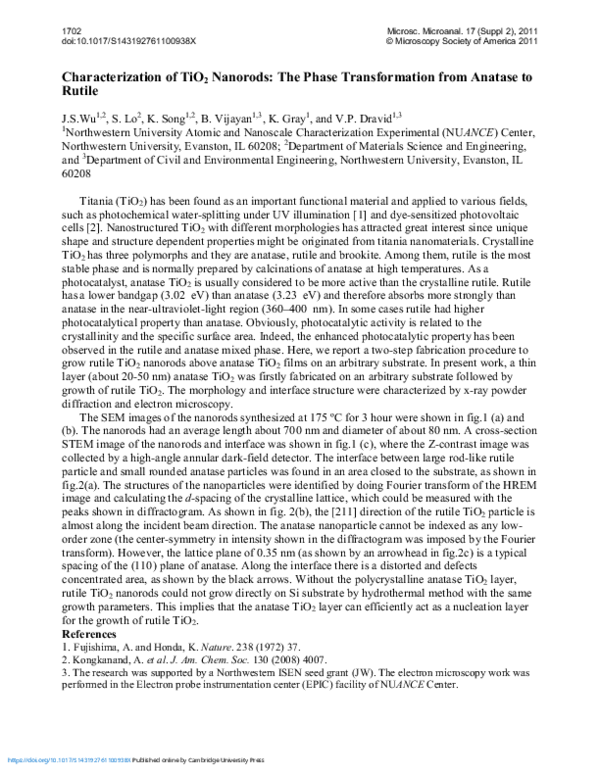 Pdf Characterization Of Tio2 Nanorods The Phase Transformation From Anatase To Rutile