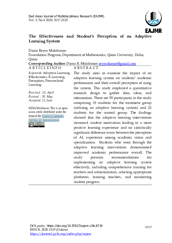 (PDF) The Effectiveness and Student's Perception of an Adaptive Learning System