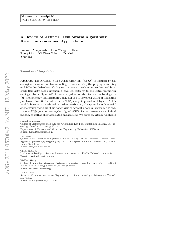 (PDF) A review of artificial fish swarm algorithms: recent advances and ...