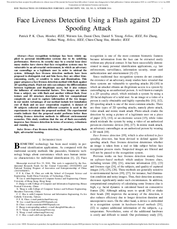 Pdf Face Liveness Detection Using A Flash Against 2d Spoofing Attack