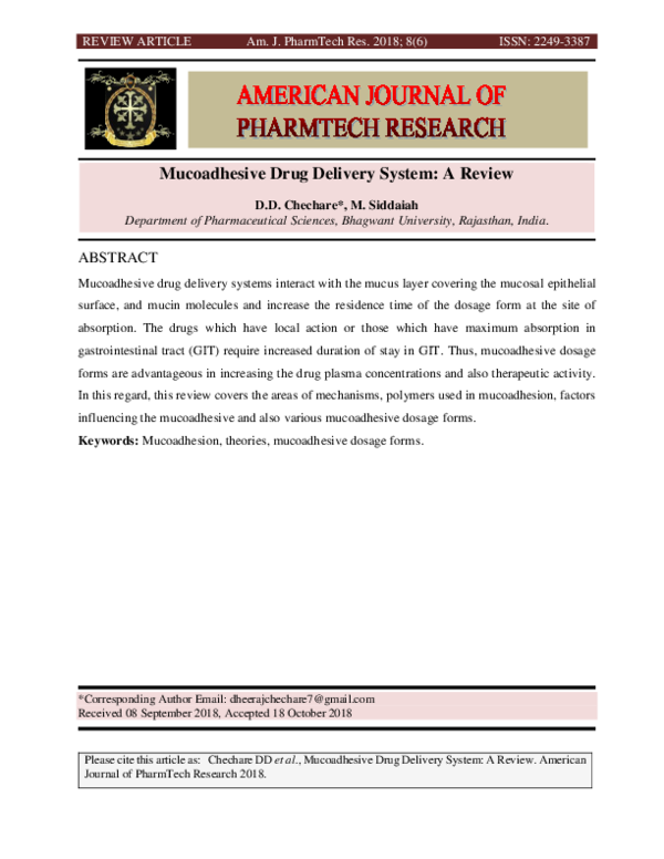 (PDF) Mucoadhesive Drug Delivery System: A Review