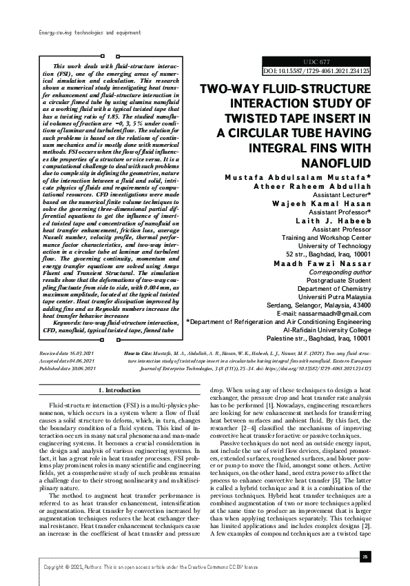 (PDF) Two-way fluid-structure interaction study of twisted tape insert ...
