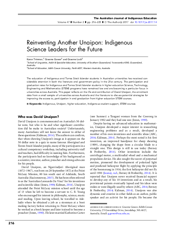 (PDF) Reinventing Another Unaipon: Indigenous Science Leaders for the ...