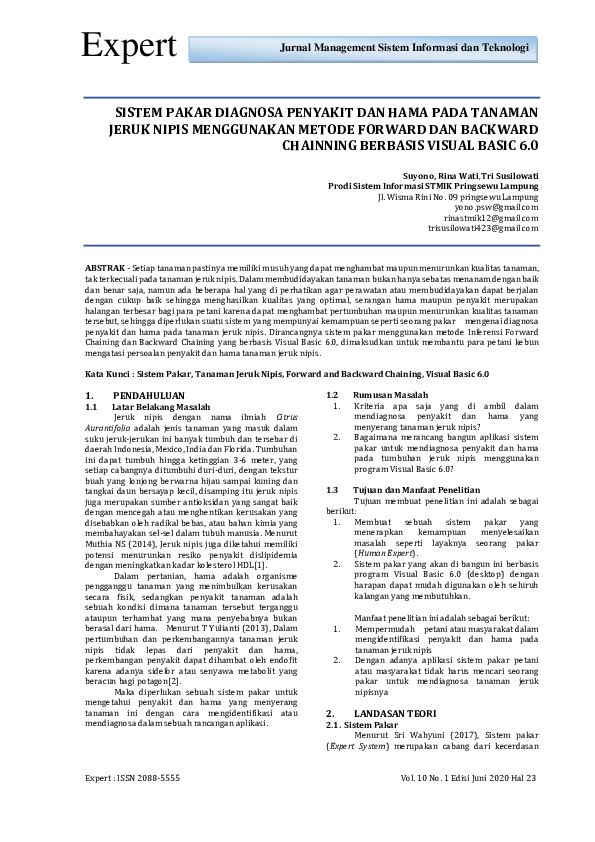 (PDF) Sistem Pakar Diagnosa Penyakit Dan Hama Pada Tanaman Jeruk Nipis Menggunakan Metode ...