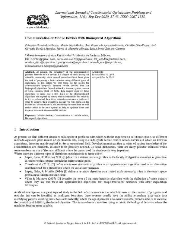 (PDF) Communication of Mobile Devices with Bioinspired Algorithms