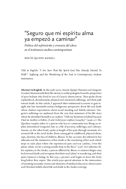 (PDF) (Journal essay) " 'Seguro que mi espíritu alma ya empezó a ...