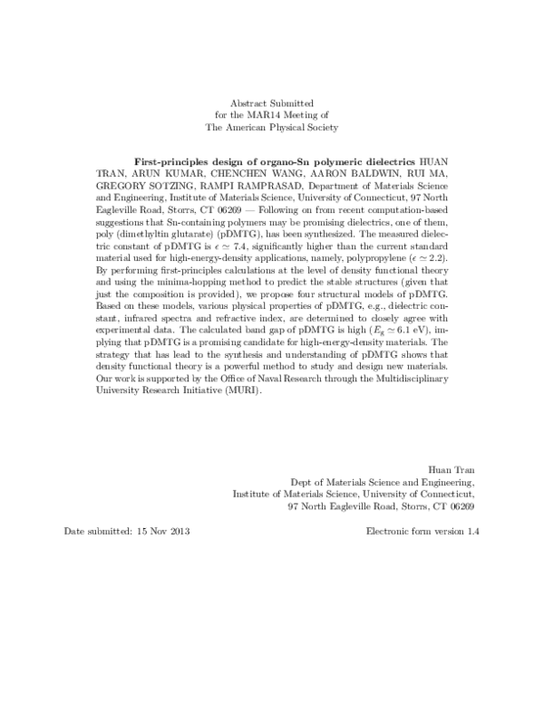 (PDF) First-principles design of organo-Sn polymeric dielectrics