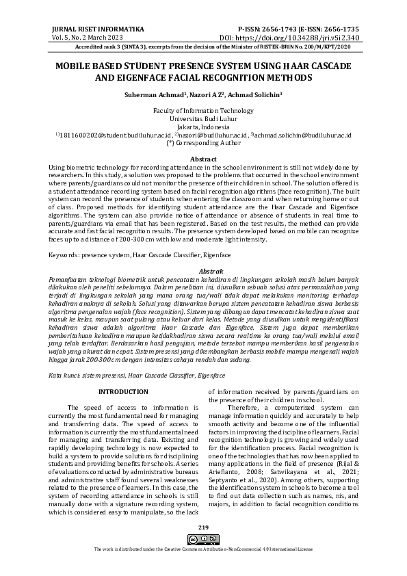 (PDF) Mobile Based Student Presence System Using Haar Cascade and Eigenface Facial Recognition ...