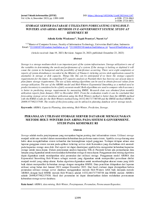 (PDF) Storage Server Database Utilization Forecasting Using Holt-Winters and Arima Methods in E ...