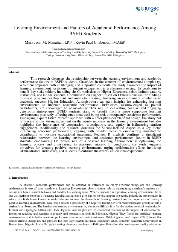 (PDF) Learning Environment and Factors of Academic Performance among BSED Students