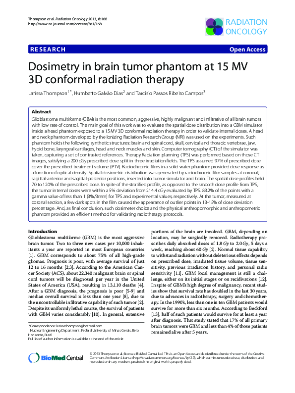 (PDF) Dosimetry in brain tumor phantom at 15 MV 3D conformal radiation ...
