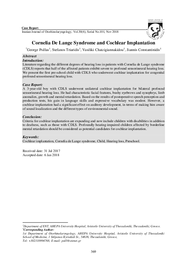(PDF) Cornelia De Lange Syndrome and Cochlear Implantation
