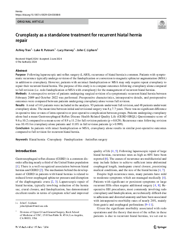 (PDF) Cruroplasty as a standalone treatment for recurrent hiatal hernia ...